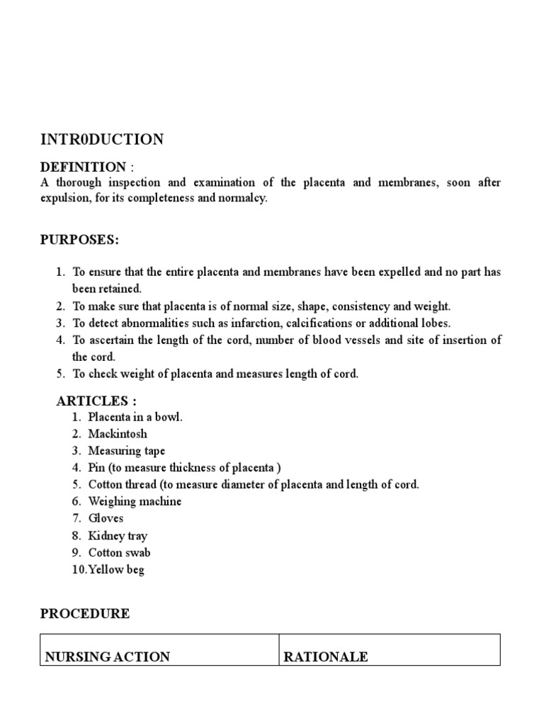 Placenta Examination Procedure Guide | PDF | Placenta | Fetus