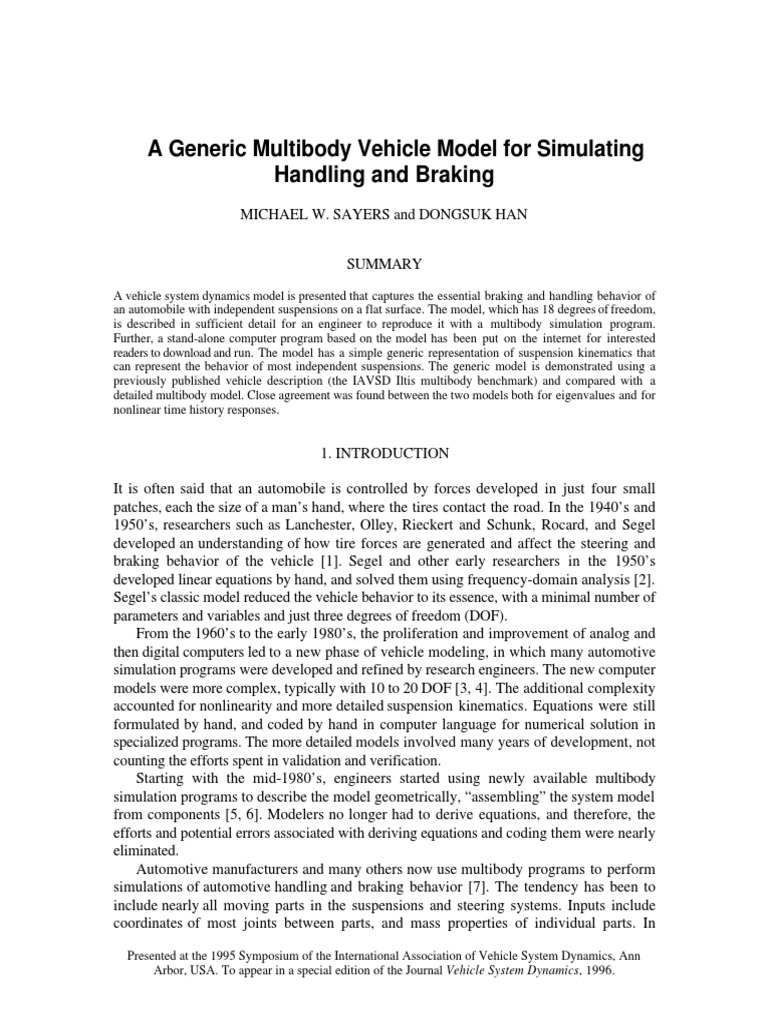 A Generic Multibody Vehicle Model For Simulating Handling and Braking ...