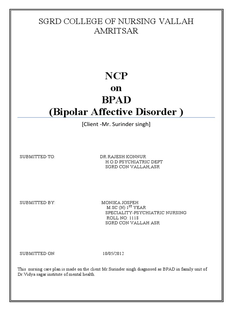 NCP On Bpad (Bipolar Affective Disorder) : SGRD College of Nursing ...