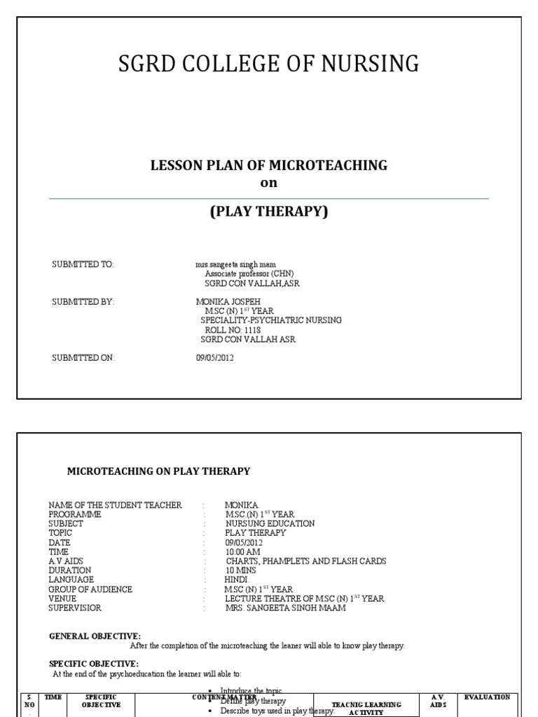 SGRD College of Nursing: Lesson Plan of Microteaching On (Play Therapy ...