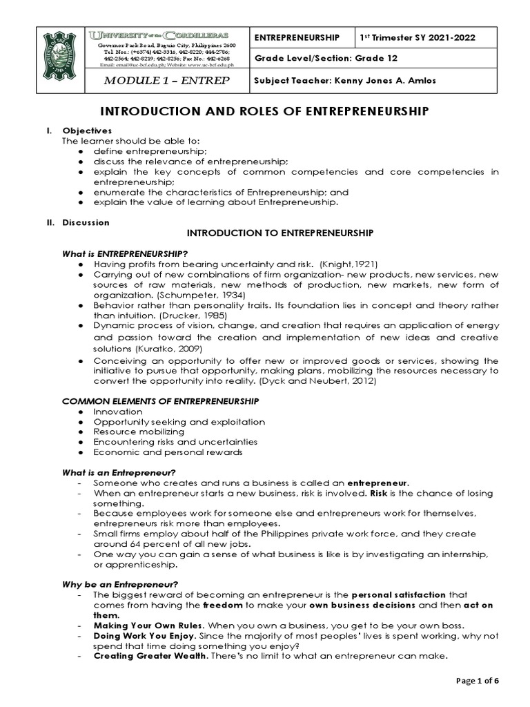 Entrep - Module 1 - Introduction and Roles of Entrepreneurship | PDF ...
