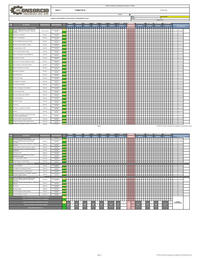 Ft Sst 023 Formato Cronograma De Capacitación Y Entrenamiento Anual Pdf