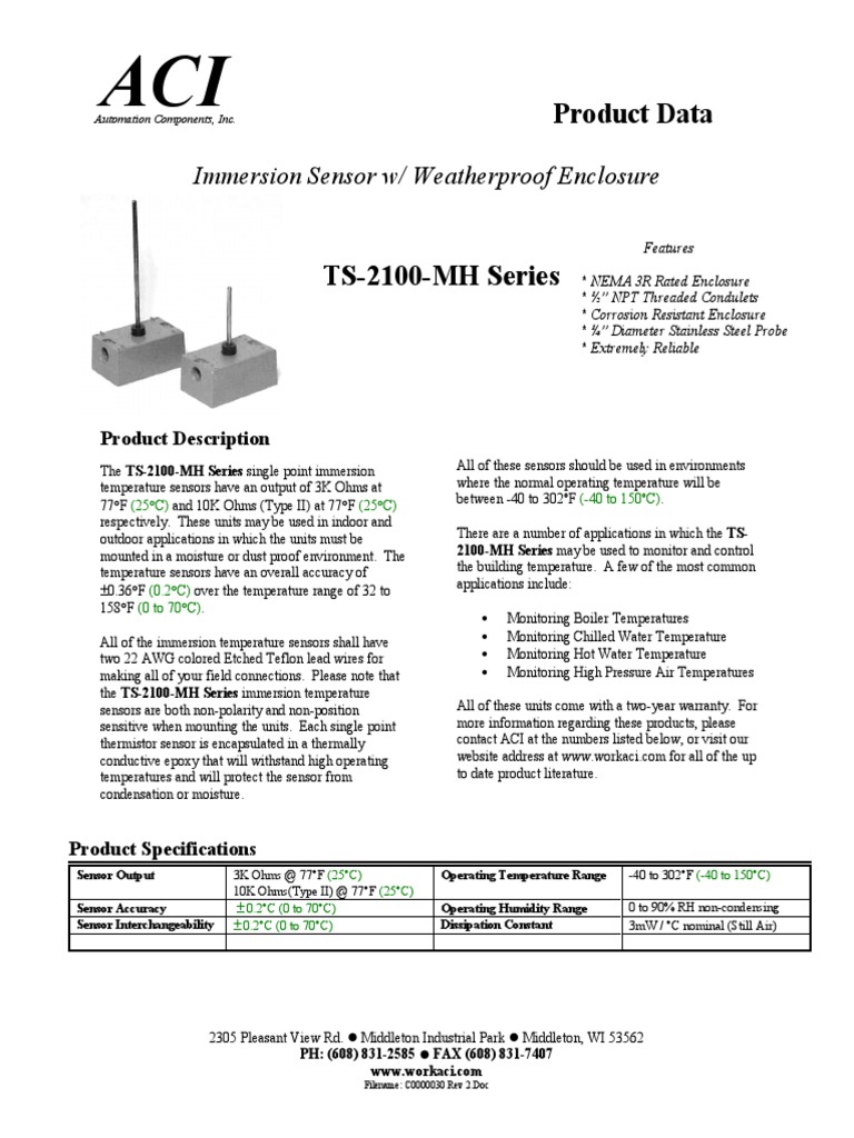 Product Data: Immersion Sensor W/ Weatherproof Enclosure | PDF ...