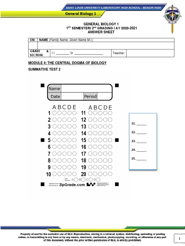 General Biology 1 1 Semesterɩ 2 GRADING Ɩ AY 2020-2021 Answer Sheet | PDF