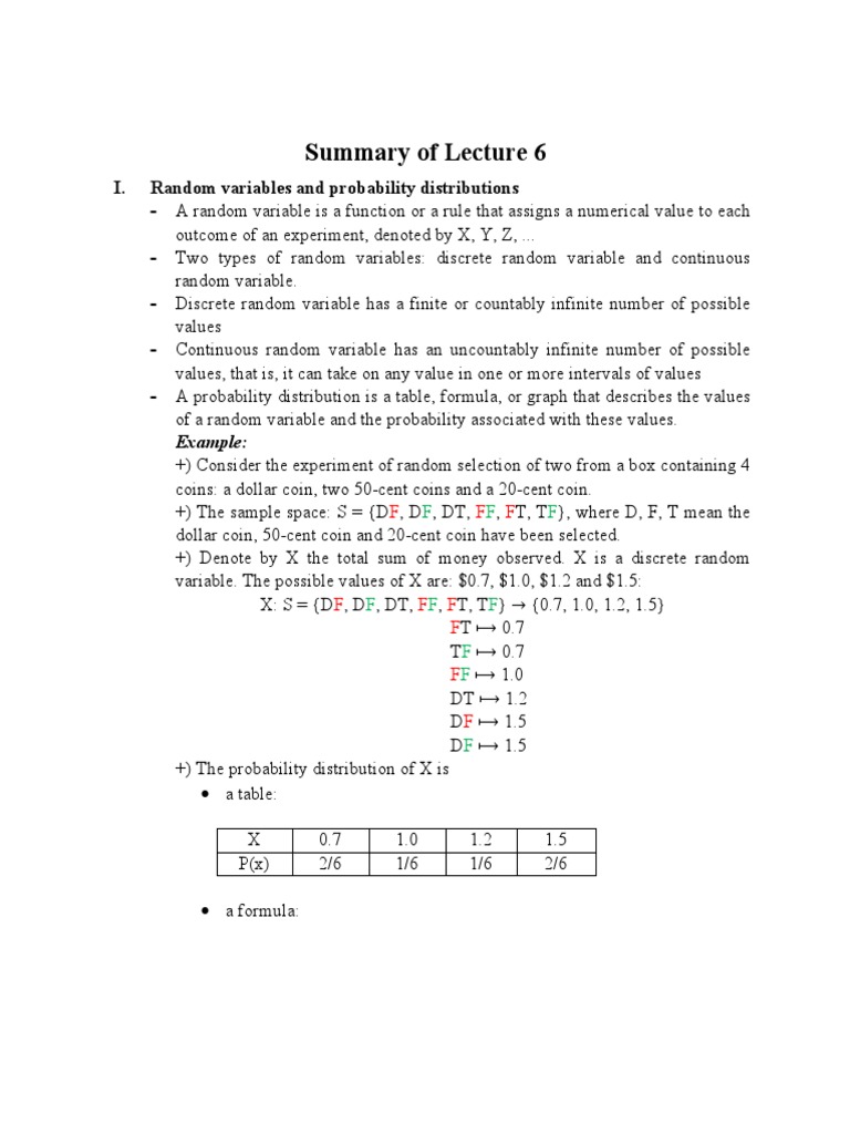Summary of Lecture 6: I. Random Variables and Probability Distributions | Download Free PDF ...