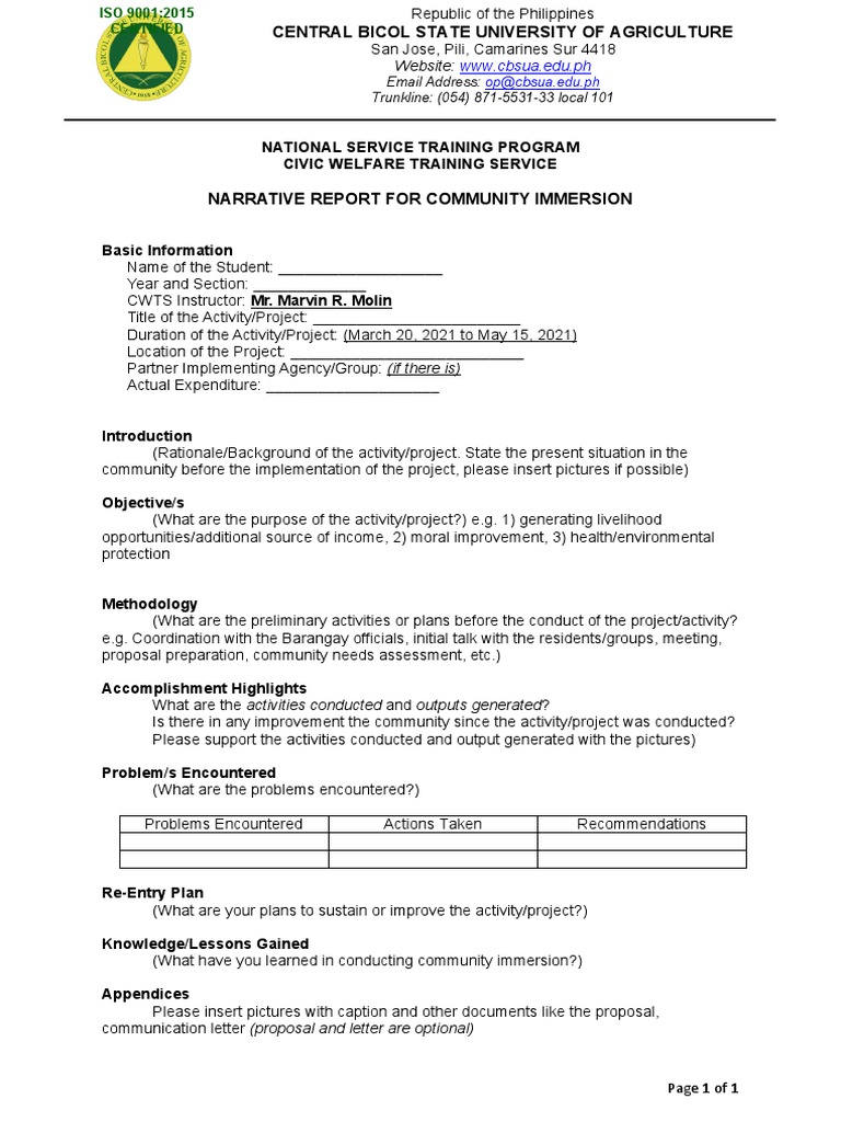 Narrative Report Format For Community Immersion CWTS2 | PDF | Communication