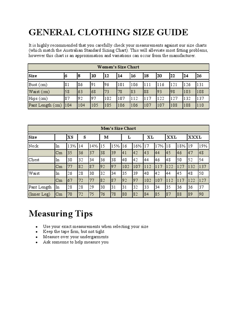 General Clothing Size Guide | PDF | Trousers | Dress Codes