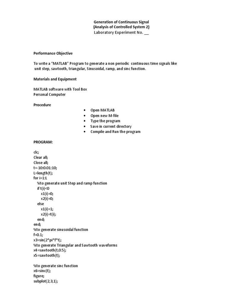 Laboratory Experiment No. - : Generation of Continuous Signal (Analysis ...
