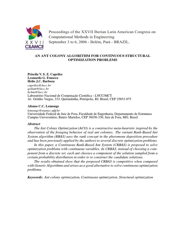 An Ant Colony Algorithm For Continous Structural Optimizatio Pdf Applied Mathematics
