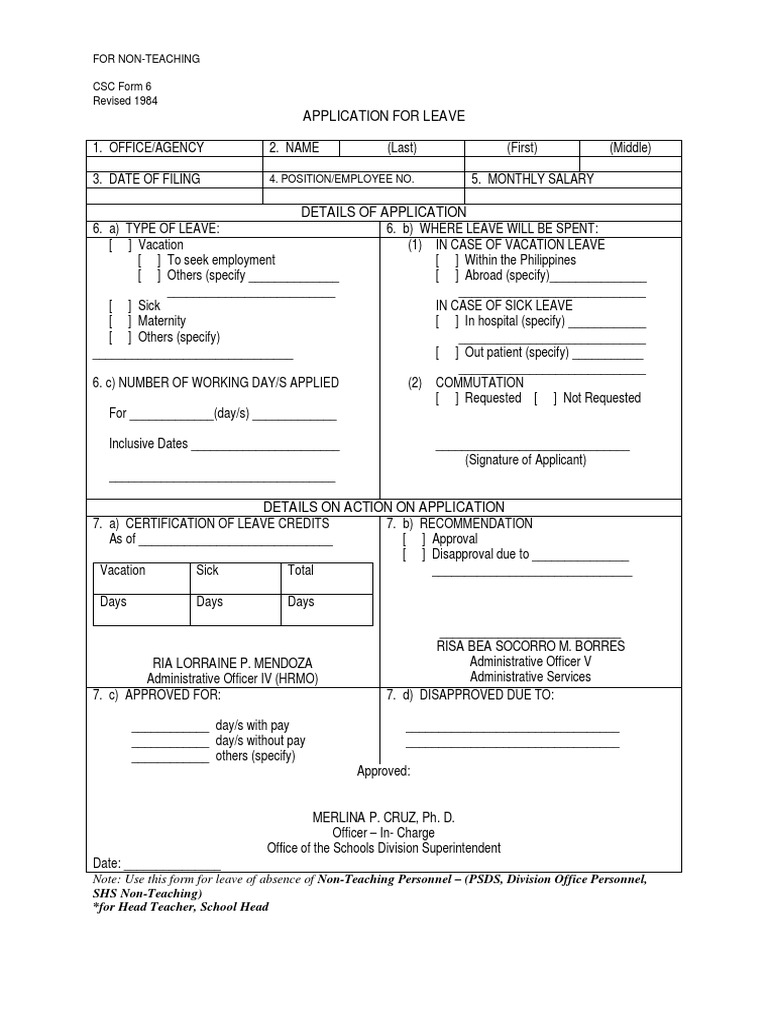 Application For Leave: For Non-Teaching CSC Form 6 Revised 1984 ...