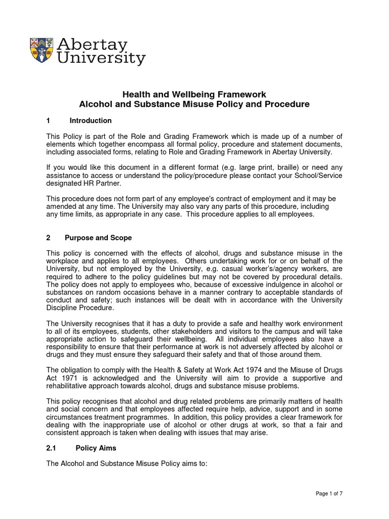Alcohol and Substance Misuse Policy and Procedure | PDF | Substance ...