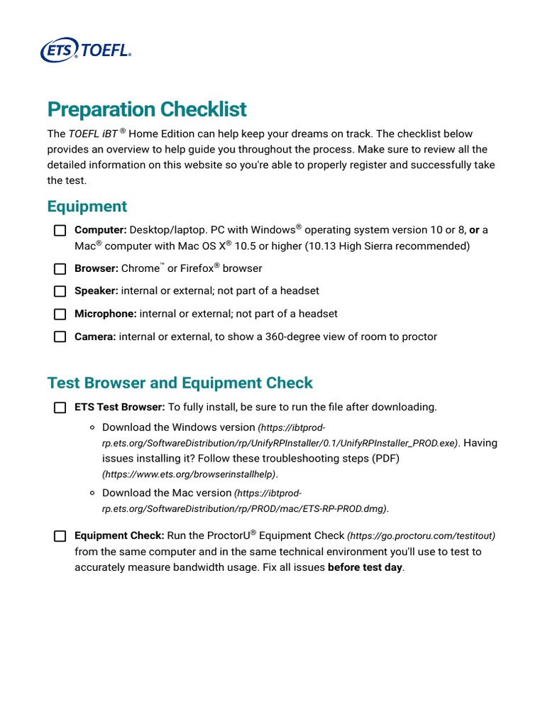 Preparation Checklist For The TOEFL iBT Home Edition Test | PDF | Mac ...