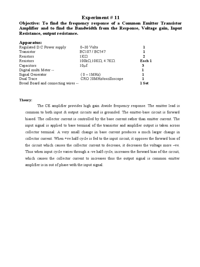 Experiment 11 Frequency Response of CE Amplifier | PDF | Amplifier ...