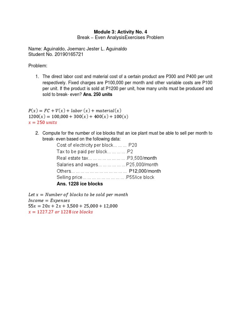 Break-Even Analysis Exercises | PDF