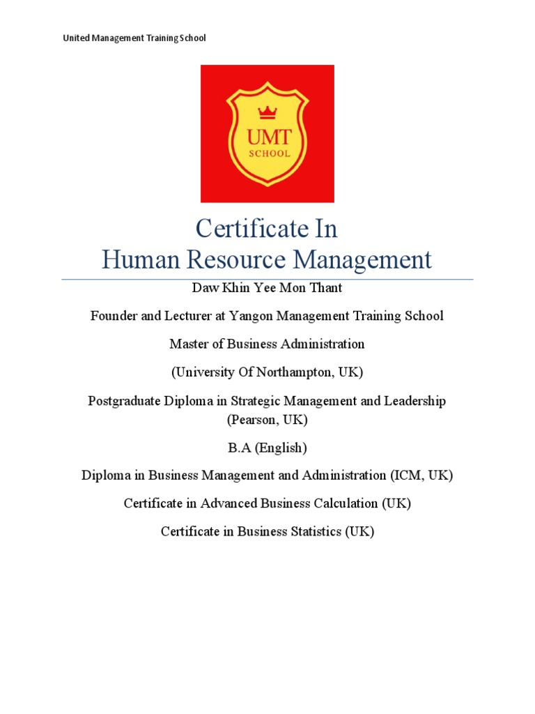 Certificate in Human Resource Management: United Management Training ...