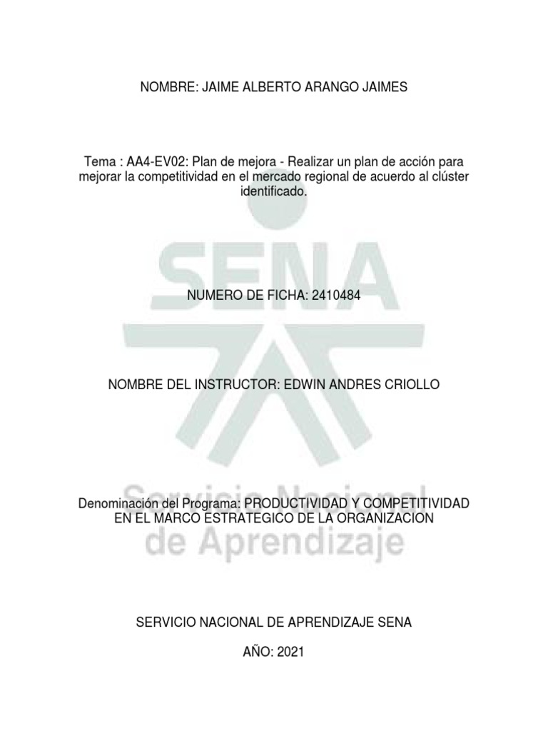 AA4-EV02 Plan de Mejora - Realizar Un Plan de Acción para Mejorar La ...