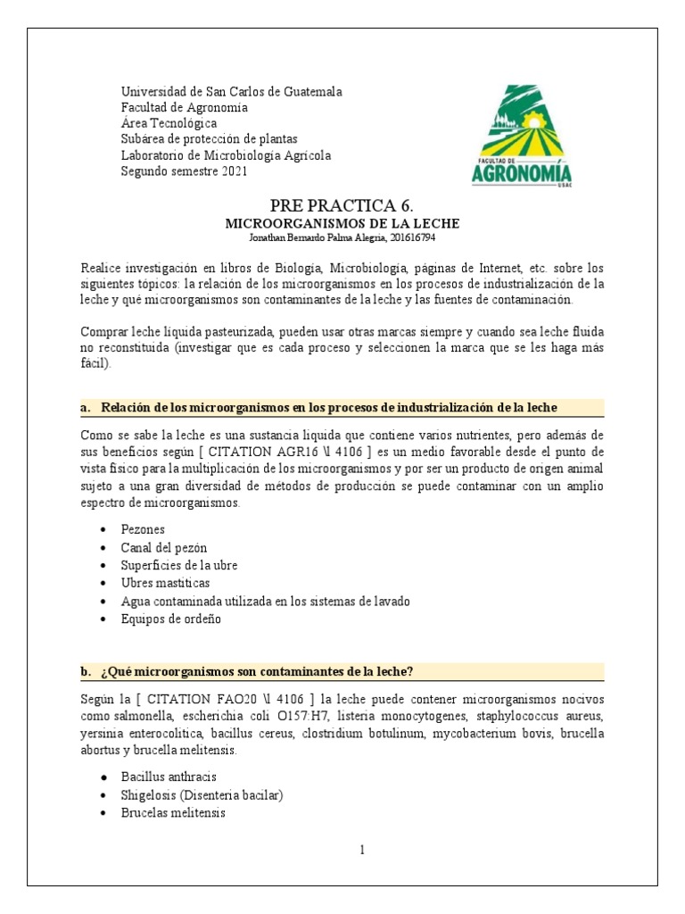 Pre Practica 6 | PDF | Microorganismo | Leche