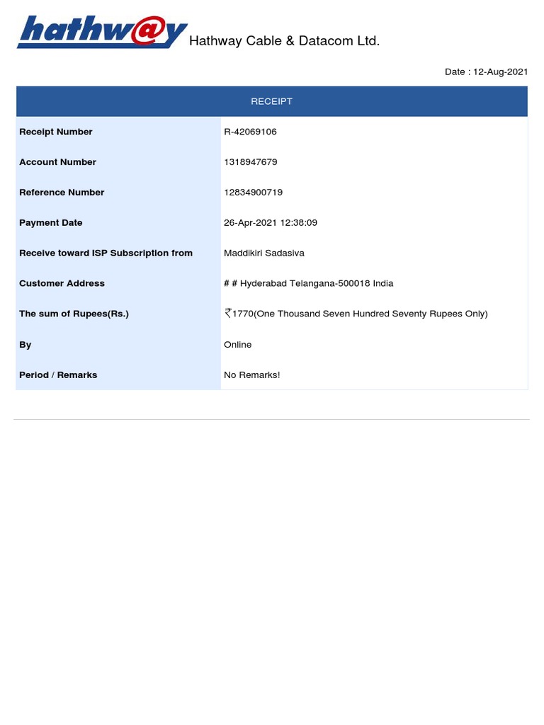 Hathway Cable & Datacom LTD.: Receipt Number | PDF