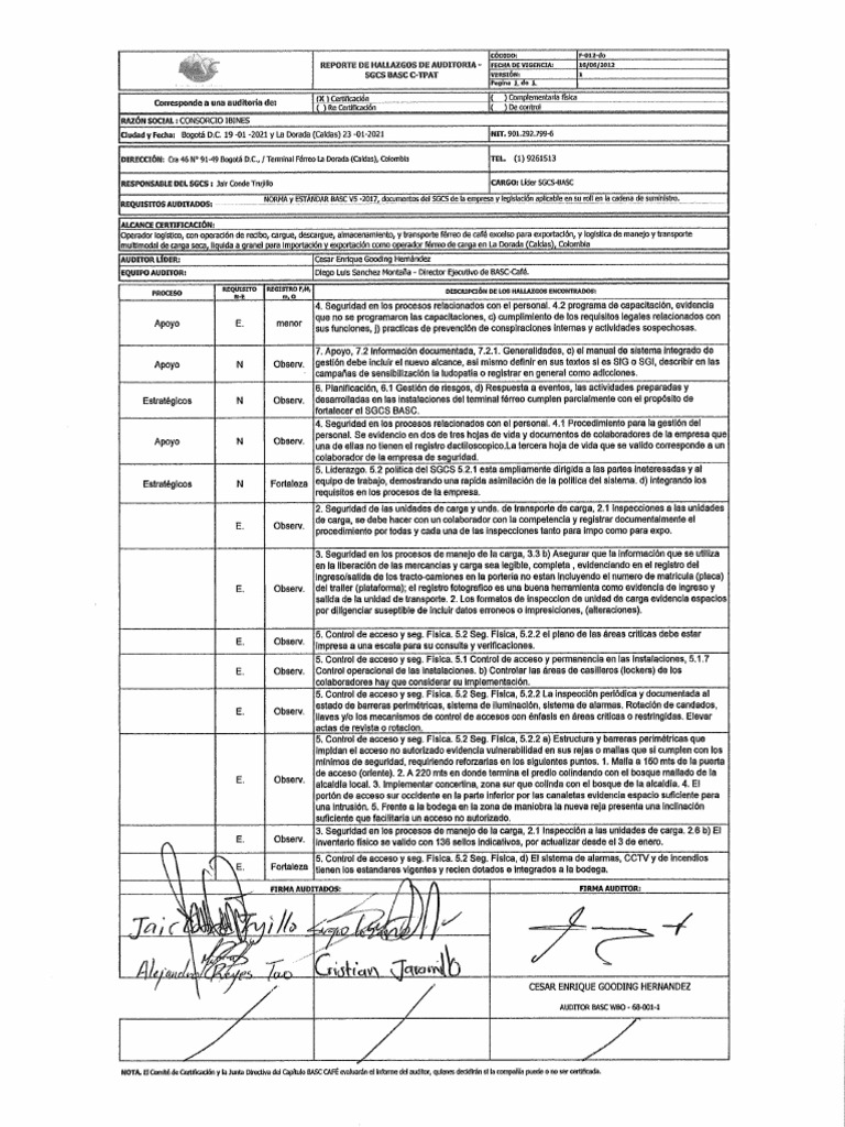 Reporte de Hallazgos de Auditoria Basc | PDF