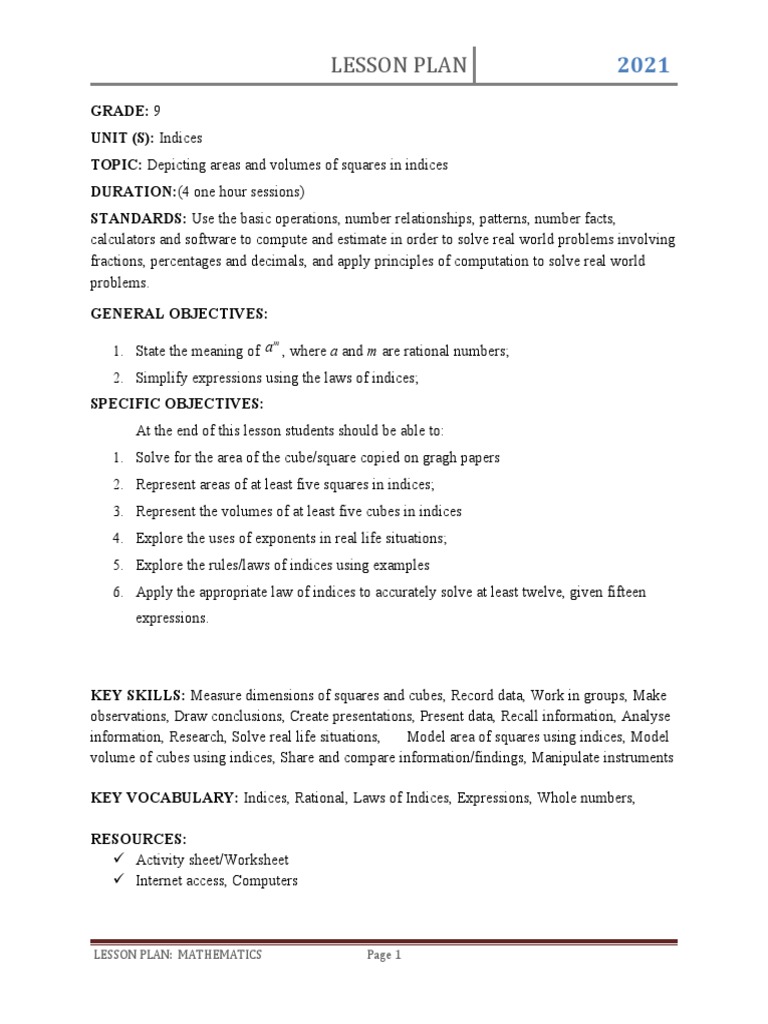 Grade 9 Indices Lesson Plan | PDF | Exponentiation | Numbers