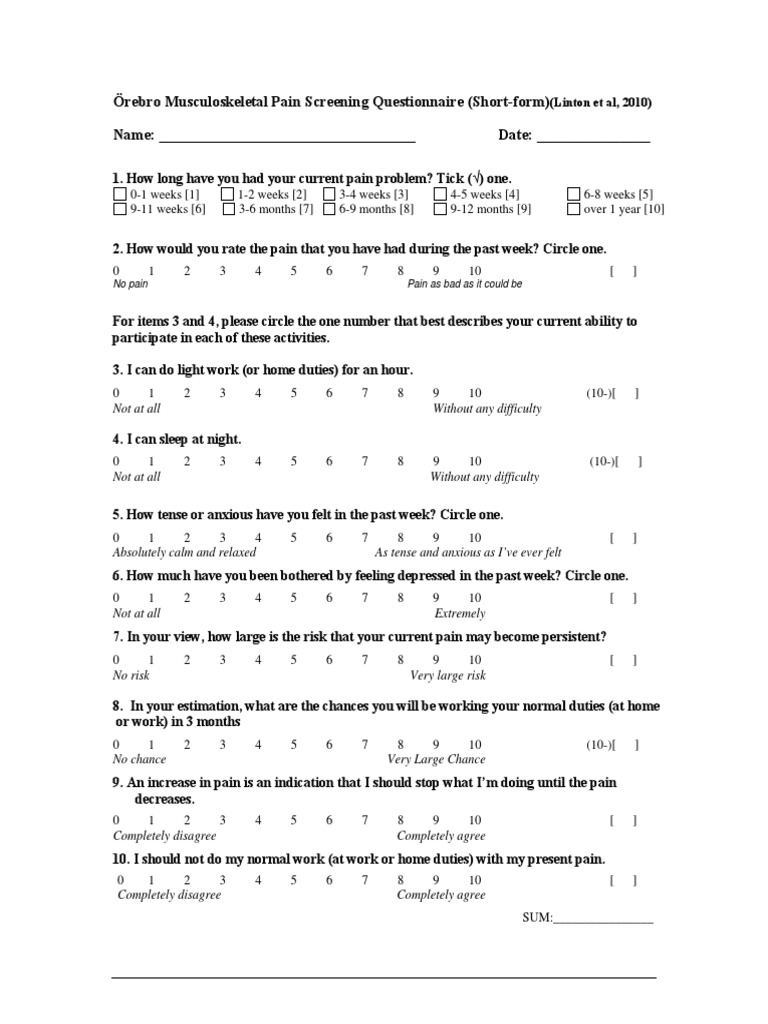 Örebro Musculoskeletal Pain Screening Questionnaire (Short-Form) Name ...