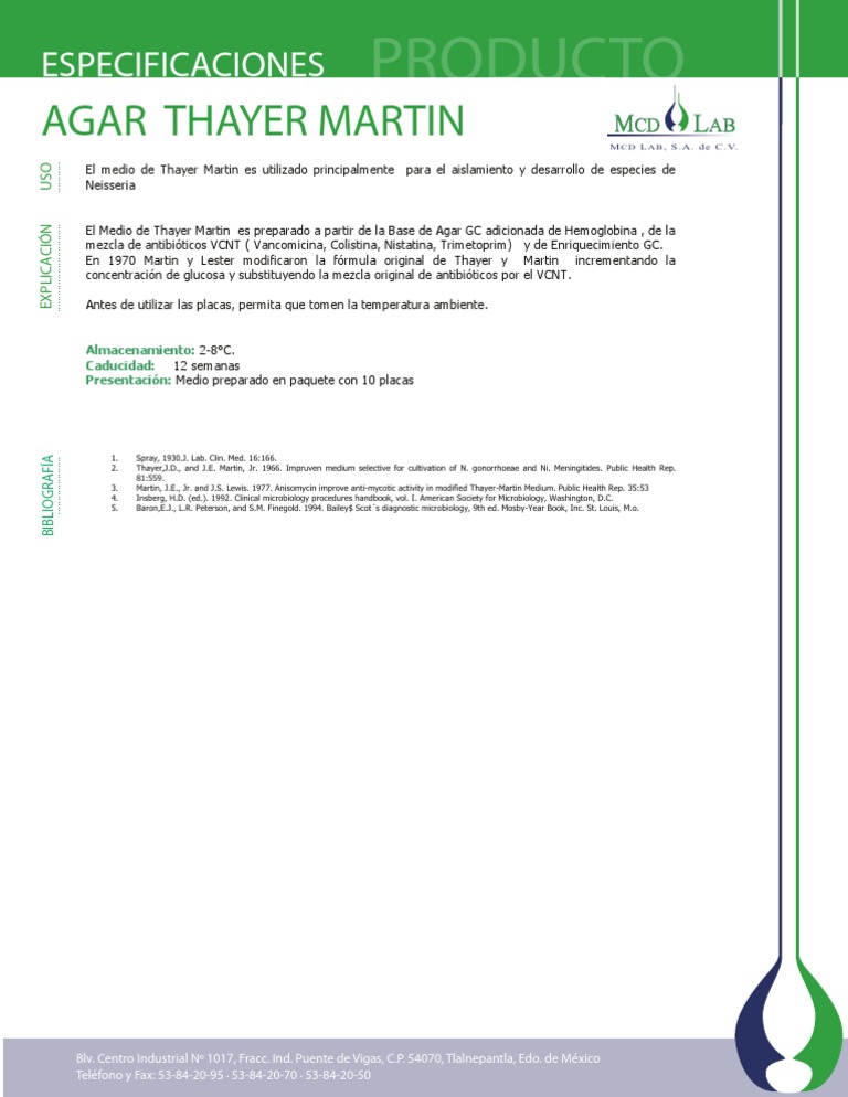 Uso y Especificaciones del Agar Thayer Martin | PDF