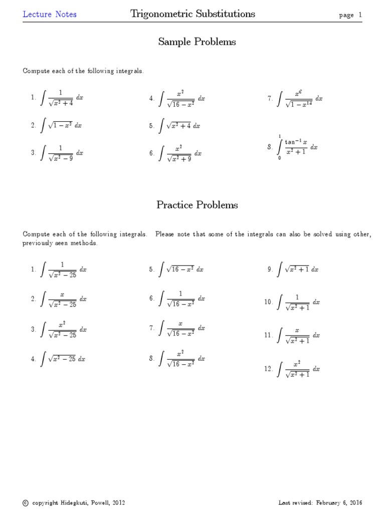 Trig Substitutions | PDF | Trigonometric Functions | Sine