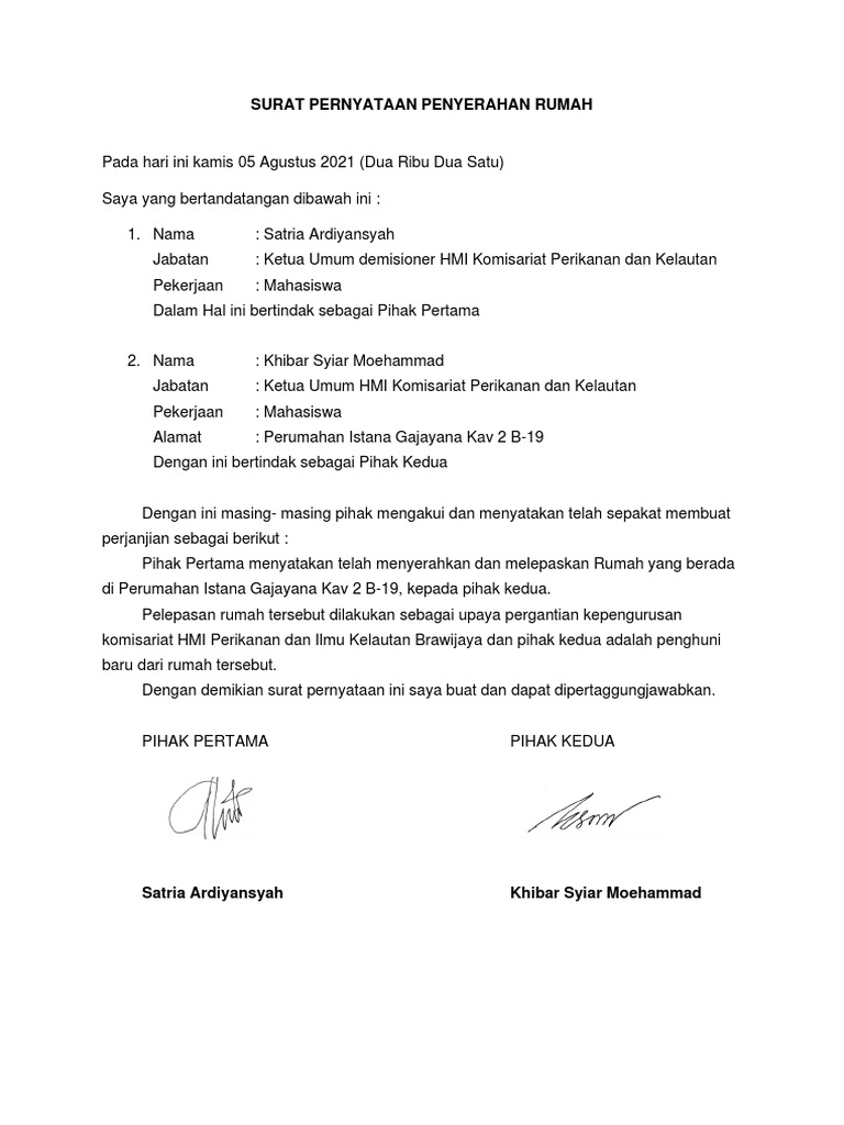 Surat Pernyataan Penyerahan Rumah | PDF