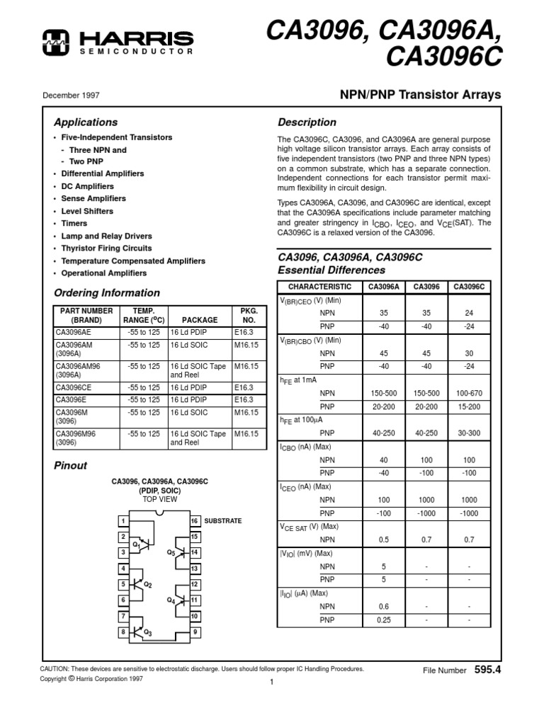 CA3096 Transistor Array | PDF | Bipolar Junction Transistor | Transistor