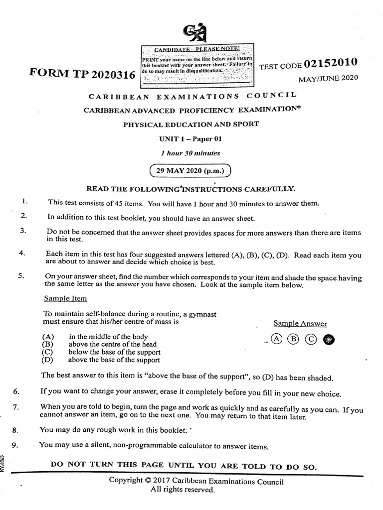 Cape Pe Unit 1 Paper 1 2020 Answers | PDF