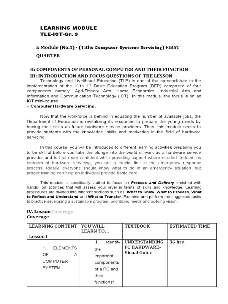 I: Module (No.1) - (Title:) First Quarter: Learning Module TLE-ICT-Gr ...