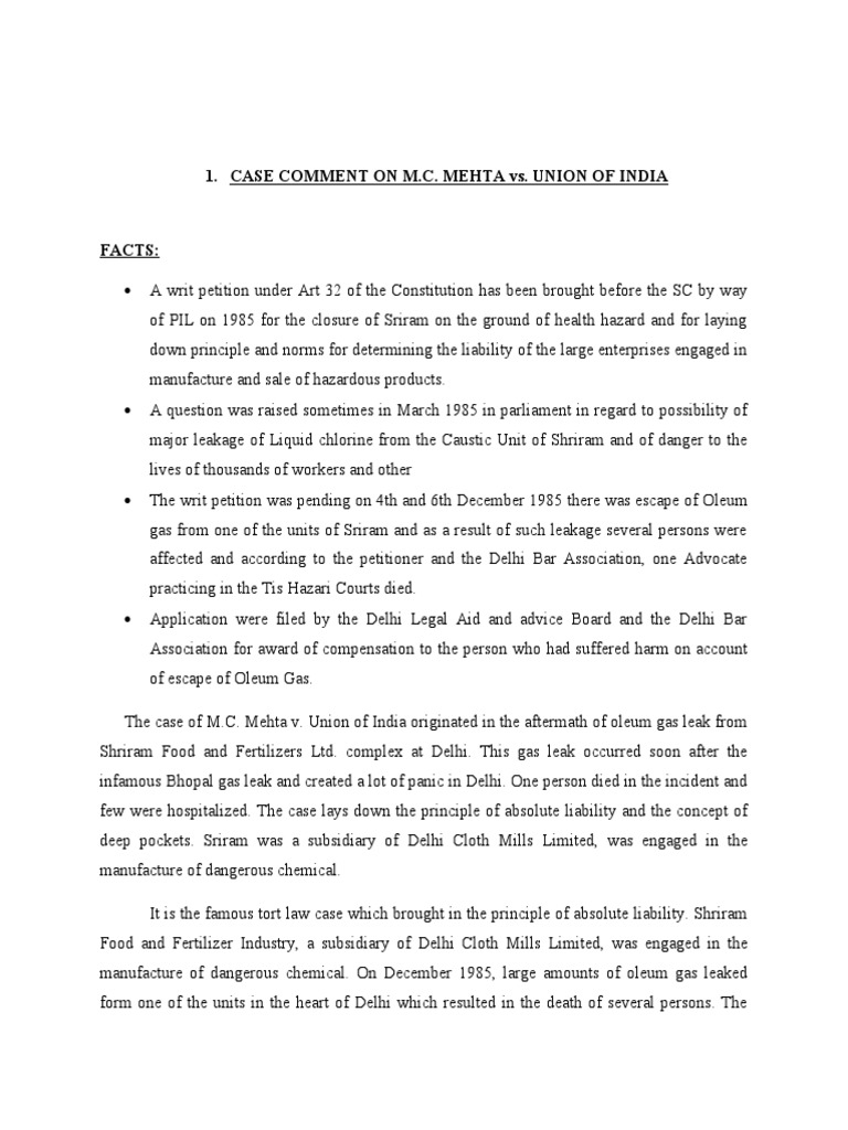 Case Comment On M.C. Mehta vs. Union of India | PDF | Government | Private Law