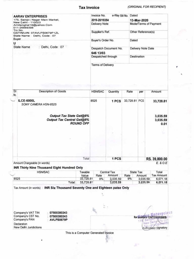 Tax Invoice: State Name Delhi, Code 07 | PDF | Invoice | Taxes