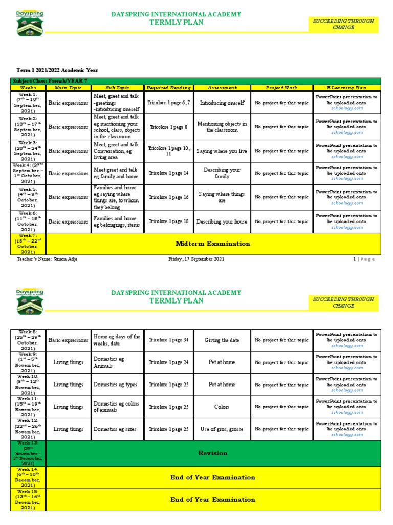 Termly Plan: Dayspring International Academy | PDF