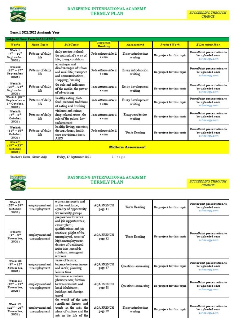 Termly Plan: Dayspring International Academy | PDF