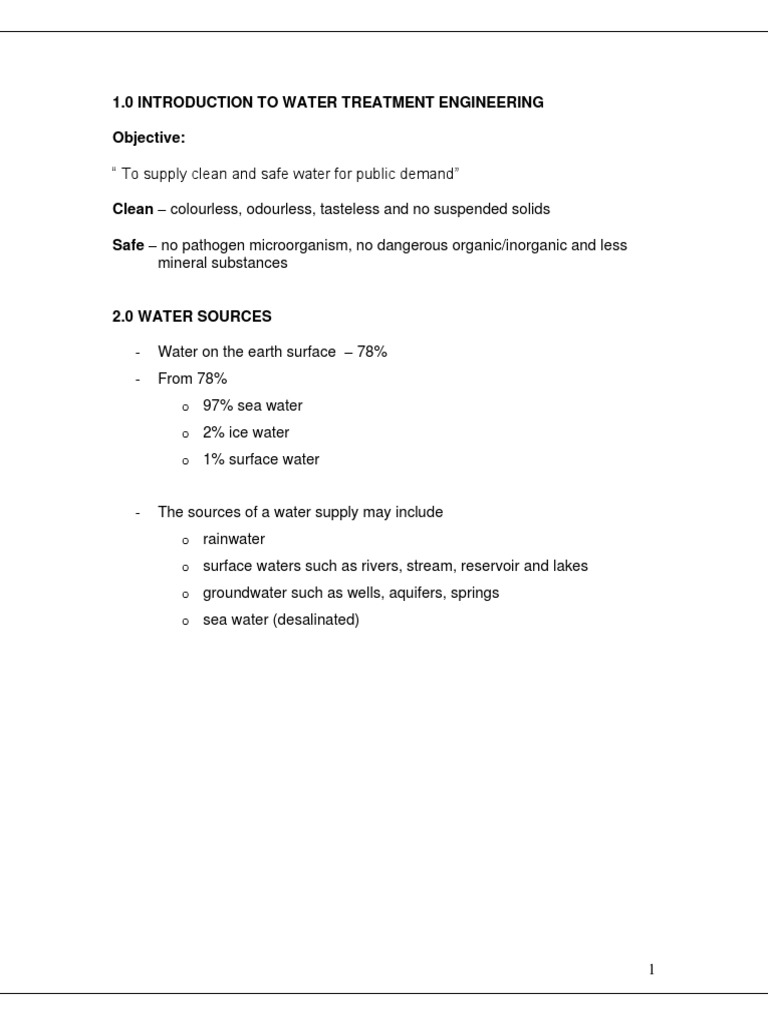 1.0 Introduction To Water Treatment Engineering Objective | PDF