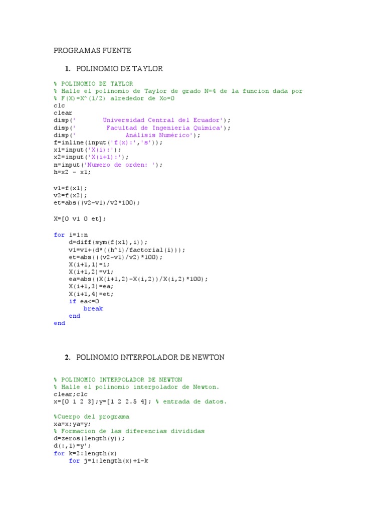 Programas Fuente de Interpolacion y Aproximacion Polinomial | PDF | Algoritmos | Álgebra