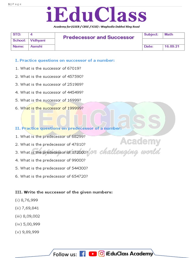 Class 4 Math Predecessor And Successor Worksheet PDF