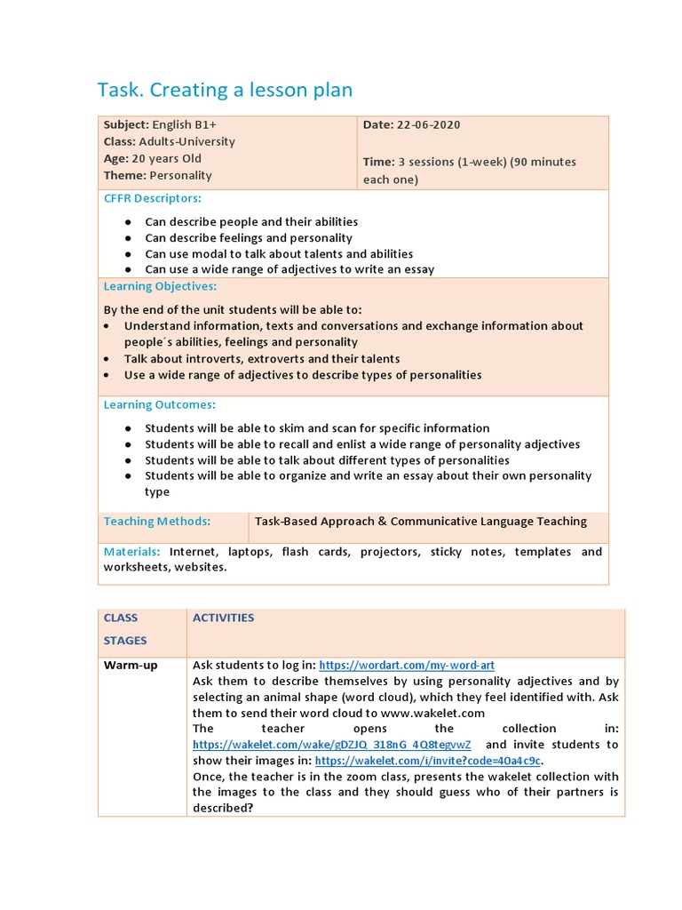 Task. Creating A Lesson Plan | PDF | Lesson Plan | Extraversion And ...