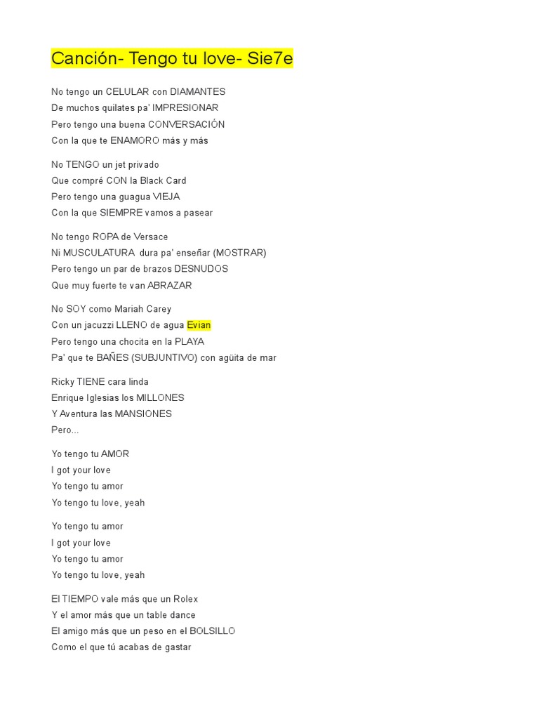 Letras de "Yo Tengo Tu Love" - Sie7e | PDF | Artes del Lenguaje y ...