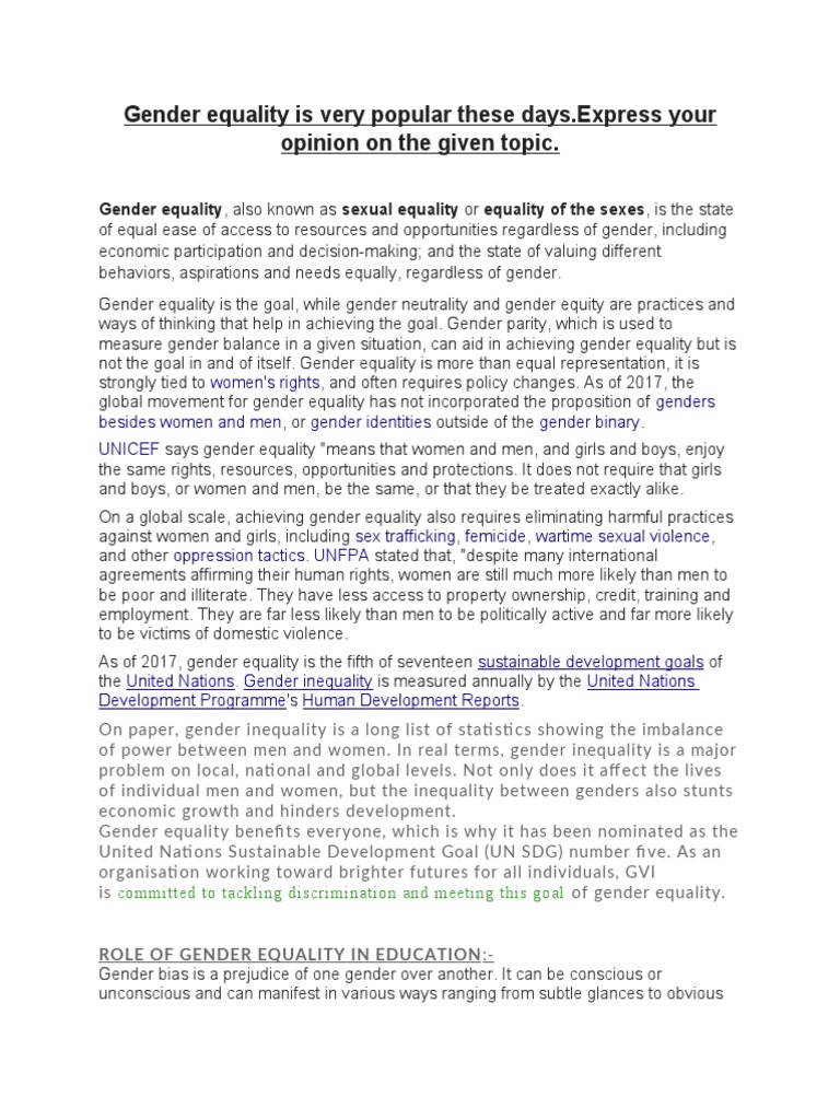 Gender equality, its benefits and achieving equality | PDF | Gender ...