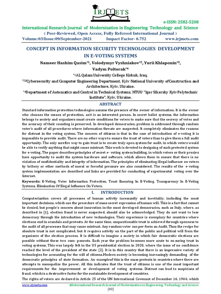 Concept in Information Security Technologies Development in E-Voting Systems (Irjmets Journal ...