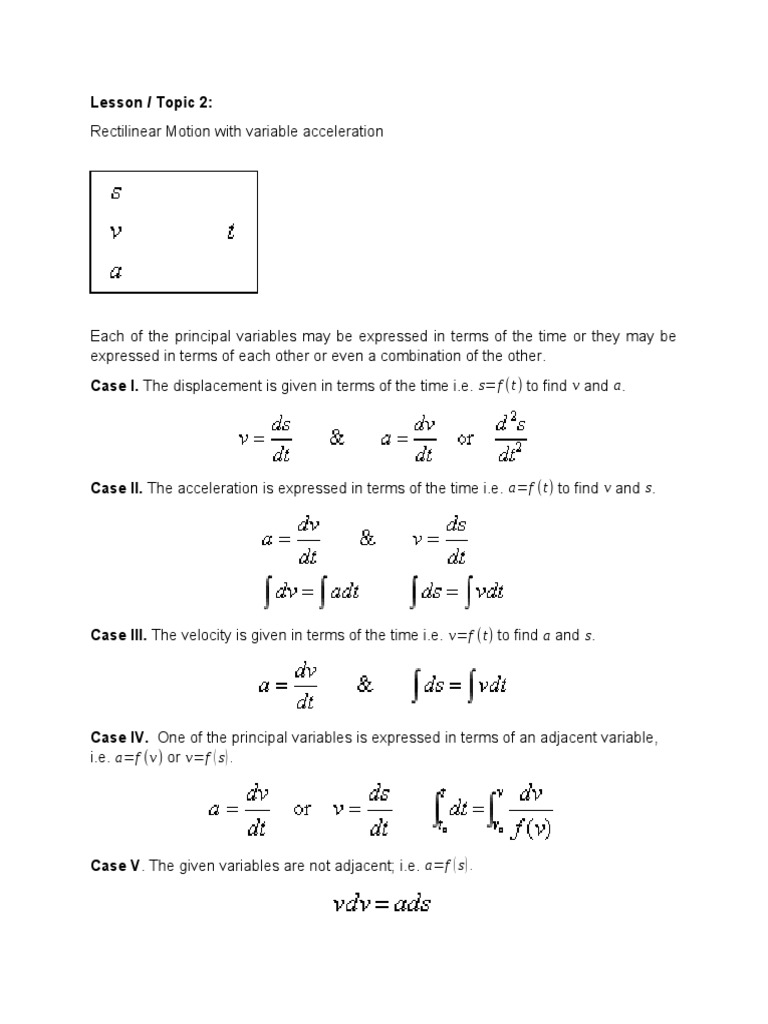 Rectilinear Motion With Variable Acceleration | PDF