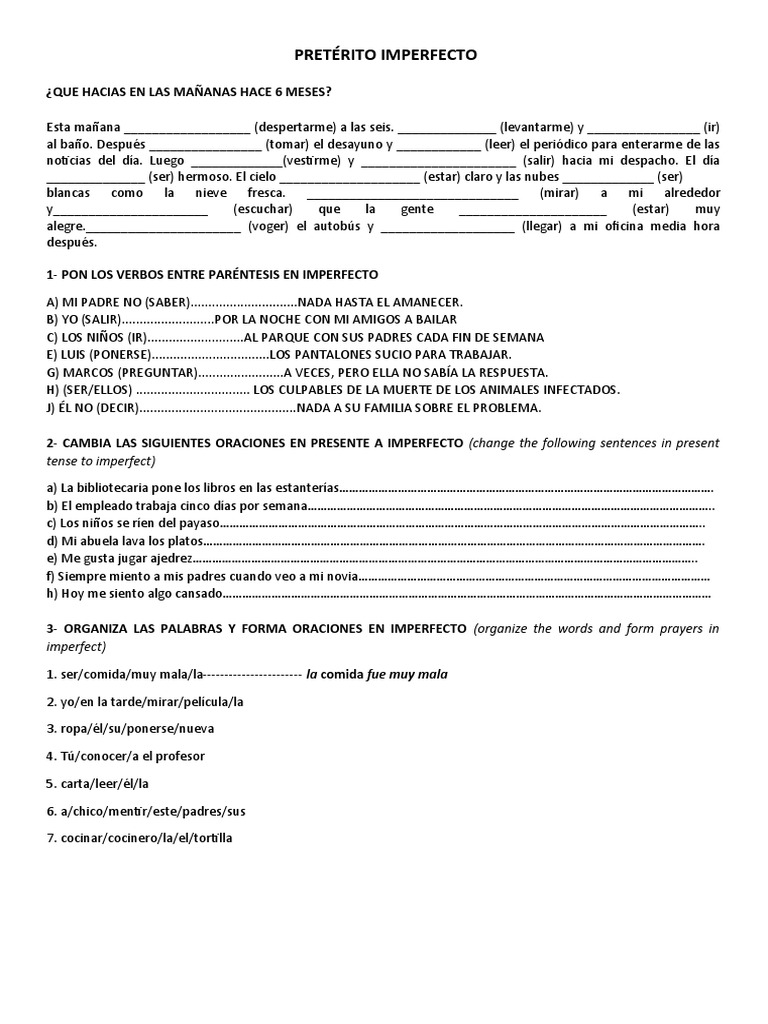 Ejercicios de Pretérito Imperfecto en Español | PDF