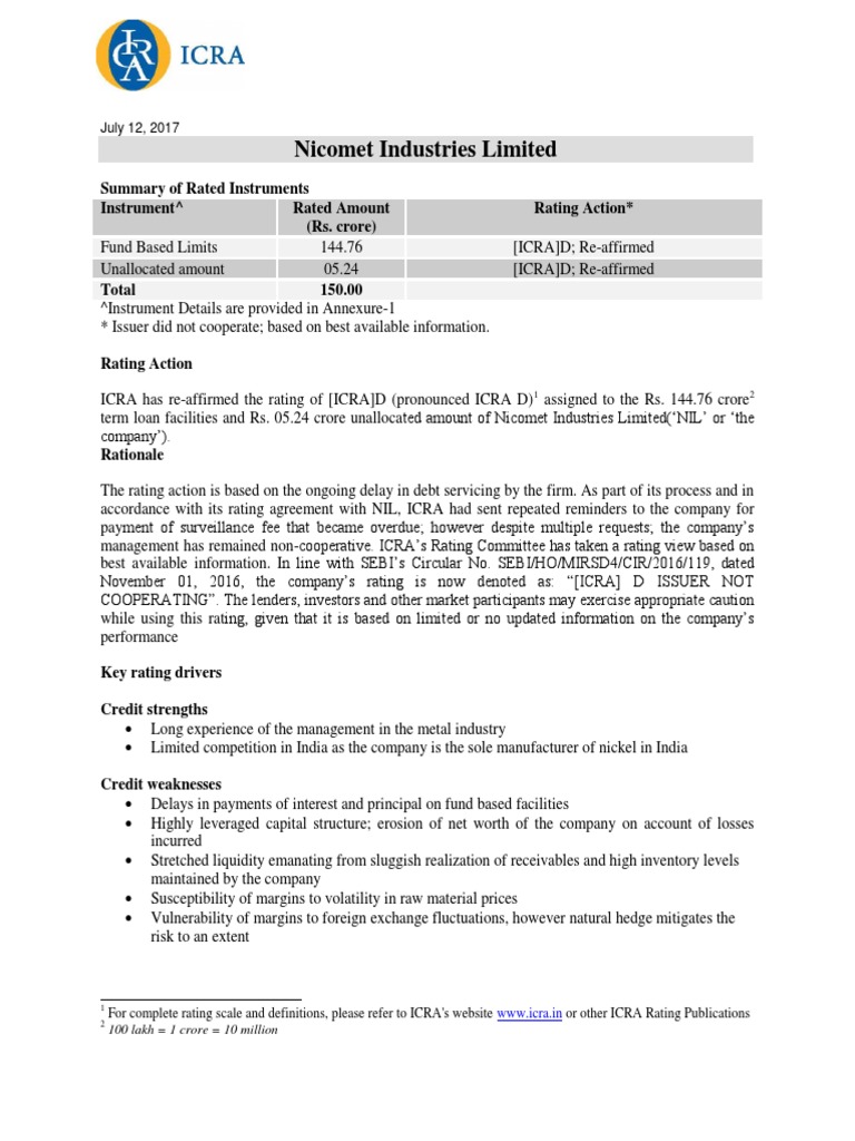 Nicomet Industries Limited: Summary of Rated Instruments Instrument ...