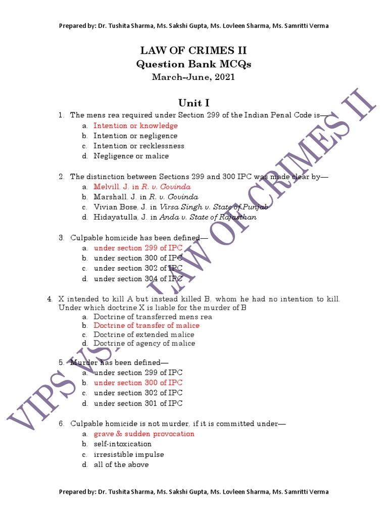Law of Crimes II Question Bank | PDF | Theft | Mens Rea
