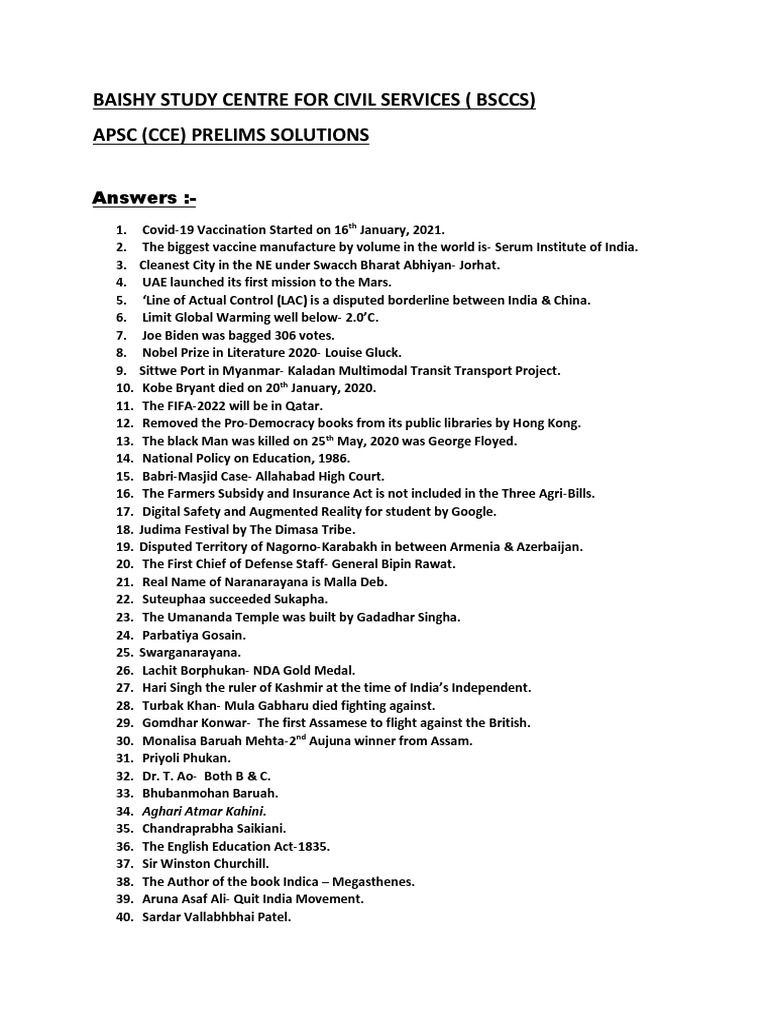 Apsc Prelims Answers | PDF | Politics | Social Science