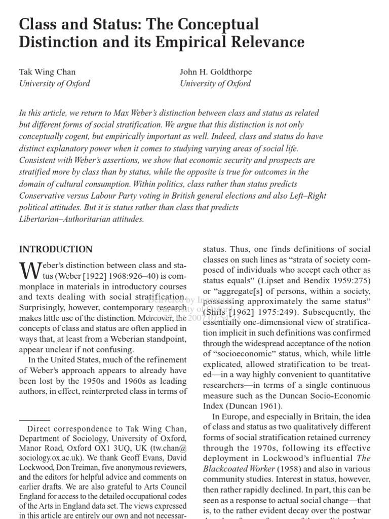 Class and Status-Chan Goldthorpe | PDF | Social Stratification | Max Weber