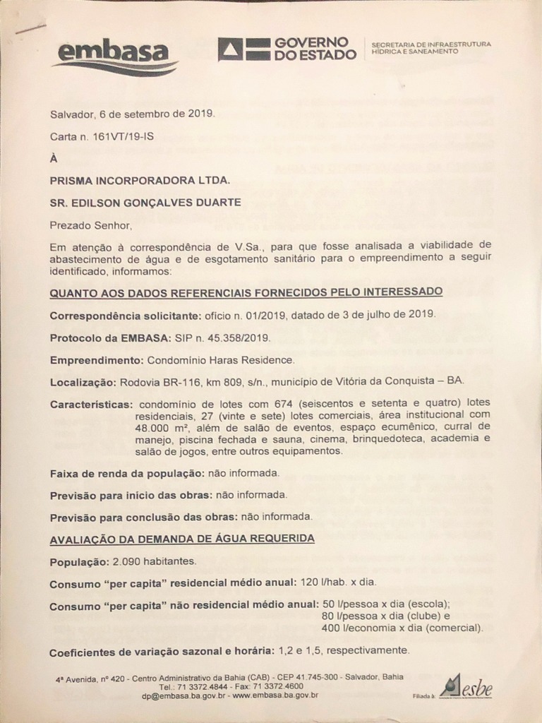 Viabilidade Embasa | PDF