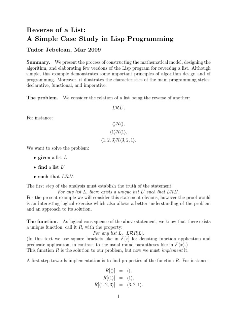 Reverse of A List: A Simple Case Study in Lisp Programming: Tudor Jebelean, Mar 2009 | PDF ...